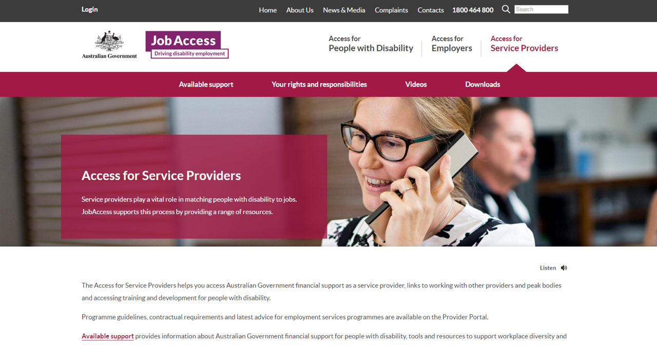 A screenshot from the JobAccess website that shows a photo of a woman talking to someone on the ...